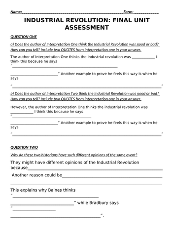 Industrial Revolution end of topic assessment - Interpretations task ...