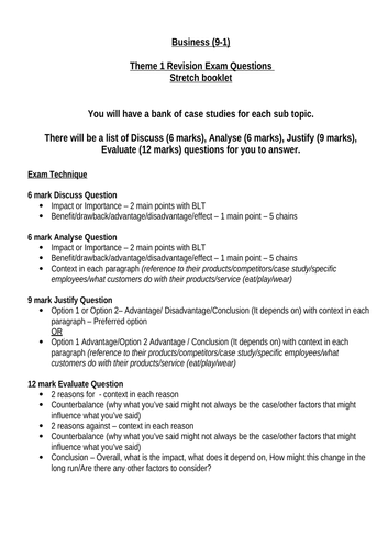 GCSE Business (9-1) Bank of 6,9,12 mark Questions | Teaching Resources