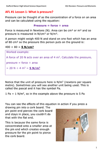 KS3 Pressure and Moments unit topic revision booklet | Teaching Resources