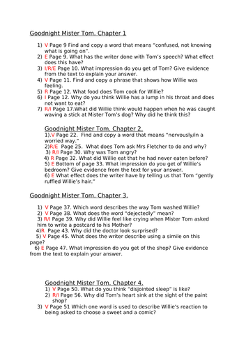 Goodnight Mister Tom guided reading questions. | Teaching Resources