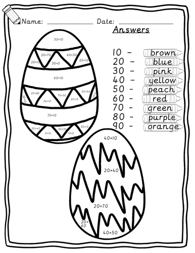 Colour by adding to 10 and 100 Maths Easter worksheets - Kindergarten ...