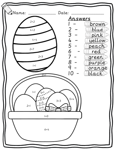 Colour by adding to 10 and 100 Maths Easter worksheets - Kindergarten ...