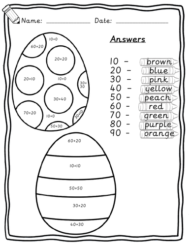 Colour by adding to 10 and 100 Maths Easter worksheets - Kindergarten ...