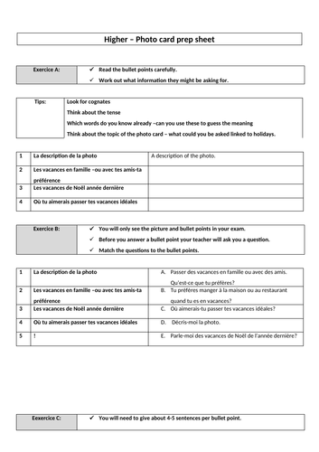 Photo card lesson Holidays French GCSE | Teaching Resources