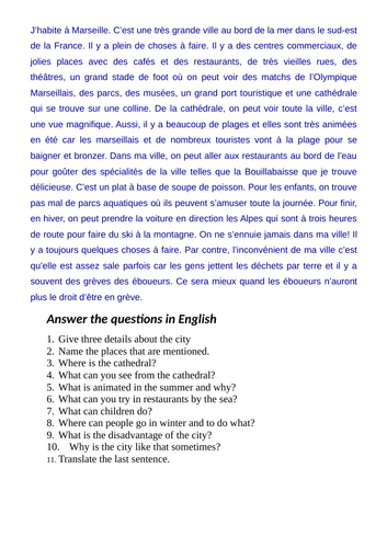 Ma ville reading comprehension | Teaching Resources