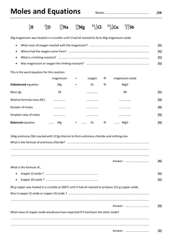 Topic 3: Quantitative Chemistry Revision Questions and Answer Sheets ...
