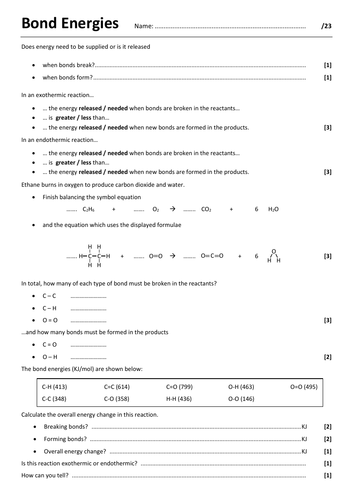 Topic 5: Energy Changes Revision Questions and Answer Sheets (inc ...