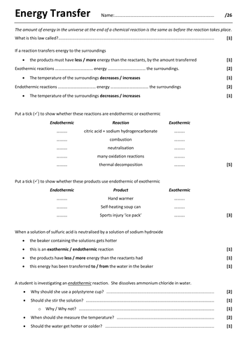 Topic 5: Energy Changes Revision Questions and Answer Sheets (inc ...