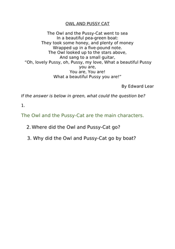 The Owl and the Pussy-Cat Poem Comprehension (Key Stage 1) | Teaching ...