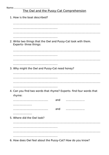 The Owl and the Pussy-Cat Poem Comprehension (Key Stage 1) | Teaching ...