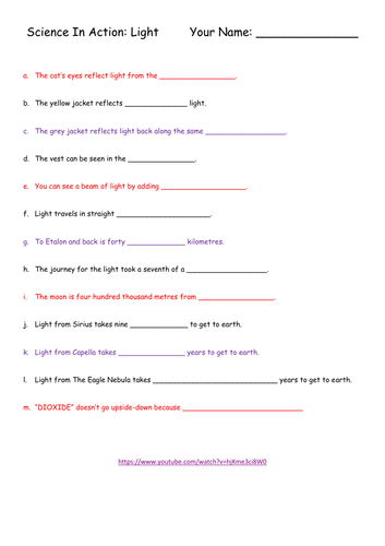 Science in Action: Light. Video Question Worksheet | Teaching Resources