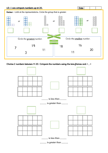comparing numbers within 20 | Teaching Resources