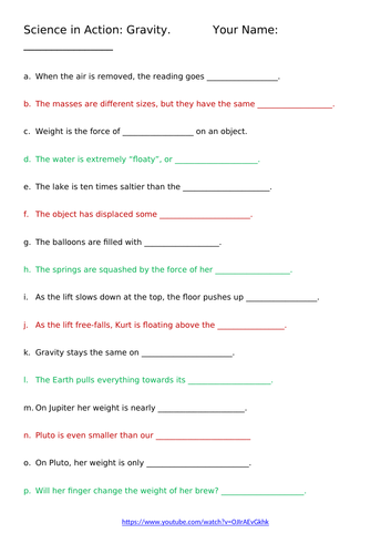 Science in Action: Gravity Video Question sheet | Teaching Resources