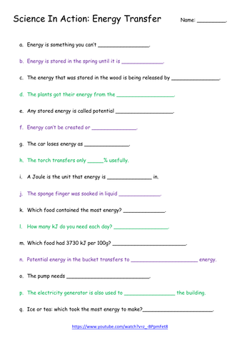 Science in Action: Energy Transfer Video Question Sheet | Teaching ...