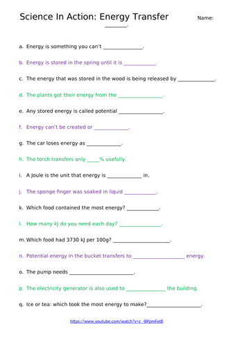 Science in Action: Energy Transfer Video Question Sheet | Teaching ...