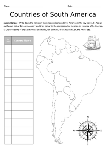 Countries of South America A3 Map Worksheet | Teaching Resources