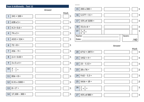 Year 6 Arithmetic One-Page Tests x 12 | Teaching Resources