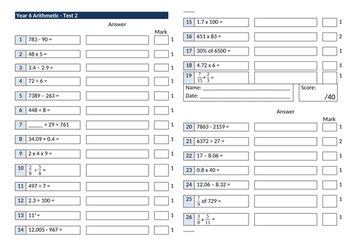 Year 6 Arithmetic One-Page Tests x 12 | Teaching Resources