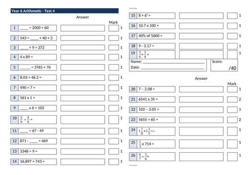 Year 6 Arithmetic One-Page Tests x 12 | Teaching Resources