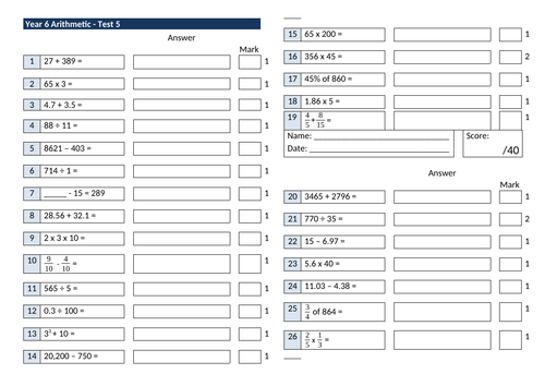 Year 6 Arithmetic One-Page Tests x 12 | Teaching Resources