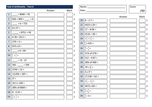 Year 6 Arithmetic One-Page Tests x 12 | Teaching Resources