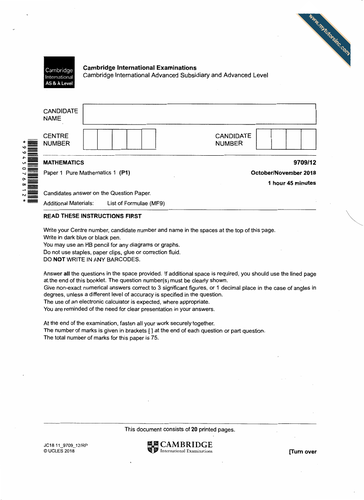 Cambridge AS Mathematics Paper 1, October 2018- Solved Question Paper ...