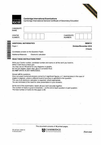Cambridge IGCSE Additional Mathematics, October 2018 Paper 1- Solved ...