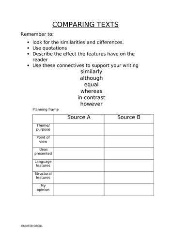 COMPARING TEXTS KS3 prompt | Teaching Resources
