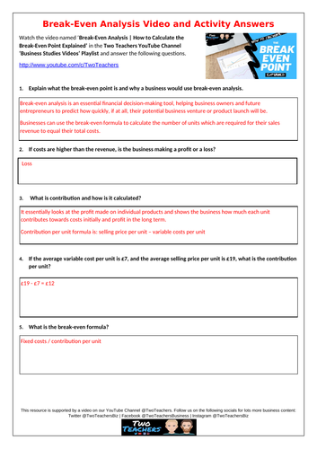 Break-Even Analysis Video and Activity Resource | Teaching Resources