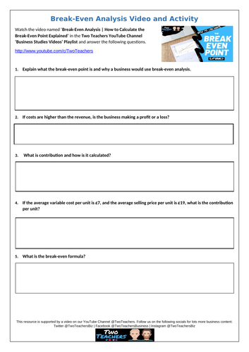 Break-Even Analysis Video and Activity Resource | Teaching Resources