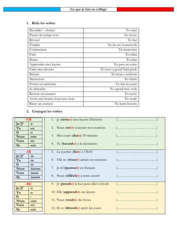 French GCSE activité collège present tense | Teaching Resources