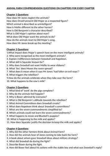 Animal Farm comprehension questions on every chapter. | Teaching Resources