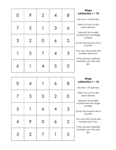 Bingo - subtraction from 10 and under | Teaching Resources