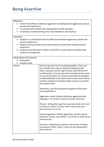 Assertiveness PSHE lesson plan for KS3 | Teaching Resources