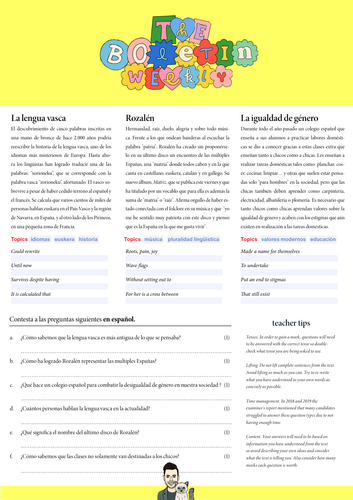 Boletín (Weekly A Level Spanish news and exam practice) | Teaching ...