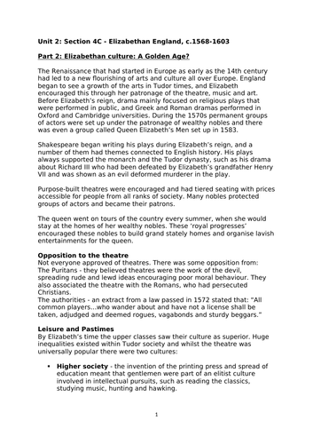 The Elizabethan Golden Age (Elizabeth I) | Teaching Resources