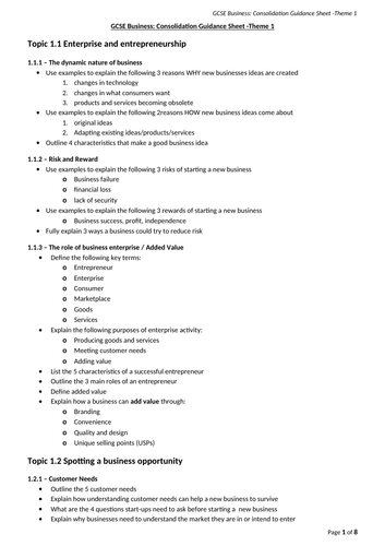 Edexcel GCSE Business Revision Qs Theme 1 | Teaching Resources