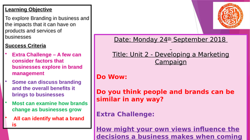 BTEC National Unit 2 - Principles of Marketing lesson pack | Teaching ...