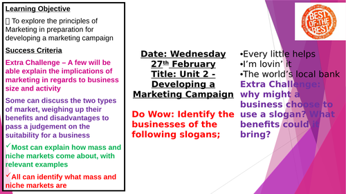 BTEC National Unit 2 - Principles of Marketing lesson pack | Teaching ...
