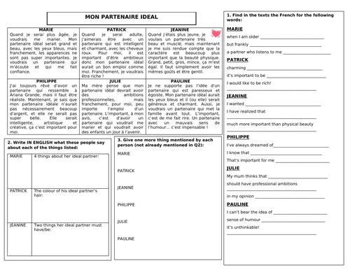 GCSE FRENCH 'Ideal Partner' Sentence Builder and Narrow Reading ...