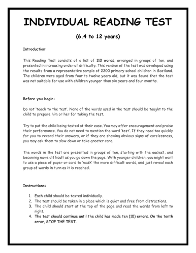 Reading Test - 6 to 12 years | Teaching Resources