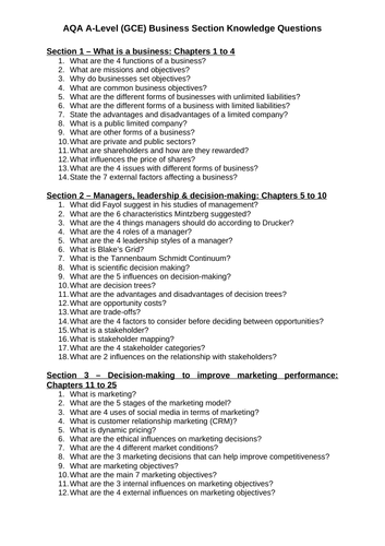 AQA A-Level (GCE) Business Studies Subject Knowledge Questions and Mark ...