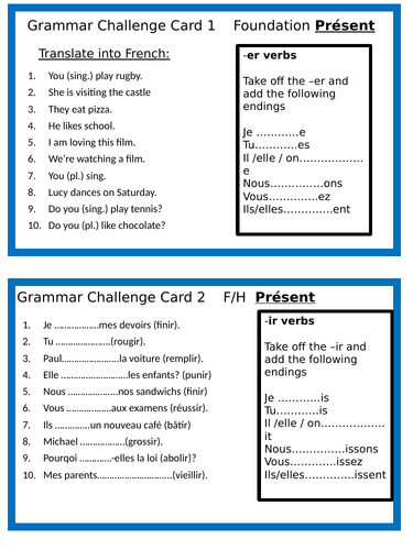 French GCSE Revision Challenge Cards F/H | Teaching Resources
