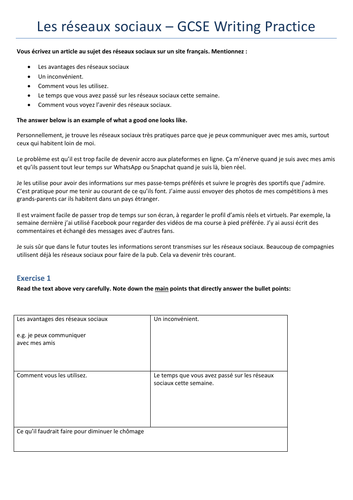 GCSE French Writing Practise: 'Les réseaux sociaux' | Teaching Resources