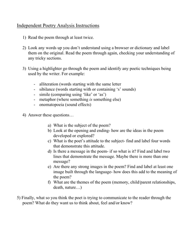 Independent Poetry Analysis Guide | Teaching Resources