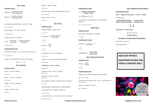 AQA GCSE Physics Equation Summary Sheet | Teaching Resources