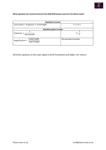 AQA GCSE Physics equation lists per topic | Teaching Resources