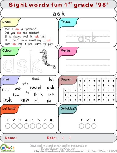 Sight words - 1st grade distance learning worksheets | Teaching Resources