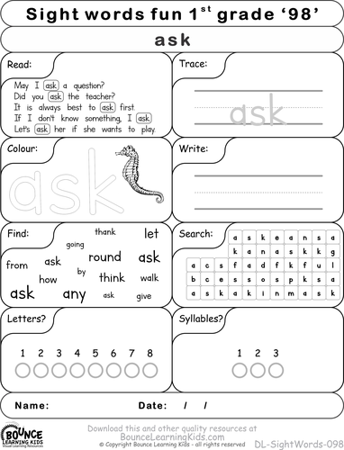Sight words - 1st grade distance learning worksheets | Teaching Resources