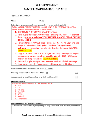 ART COVER LESSONS x 6 suitable for Key Stages 2, 3 & 4, easy ...